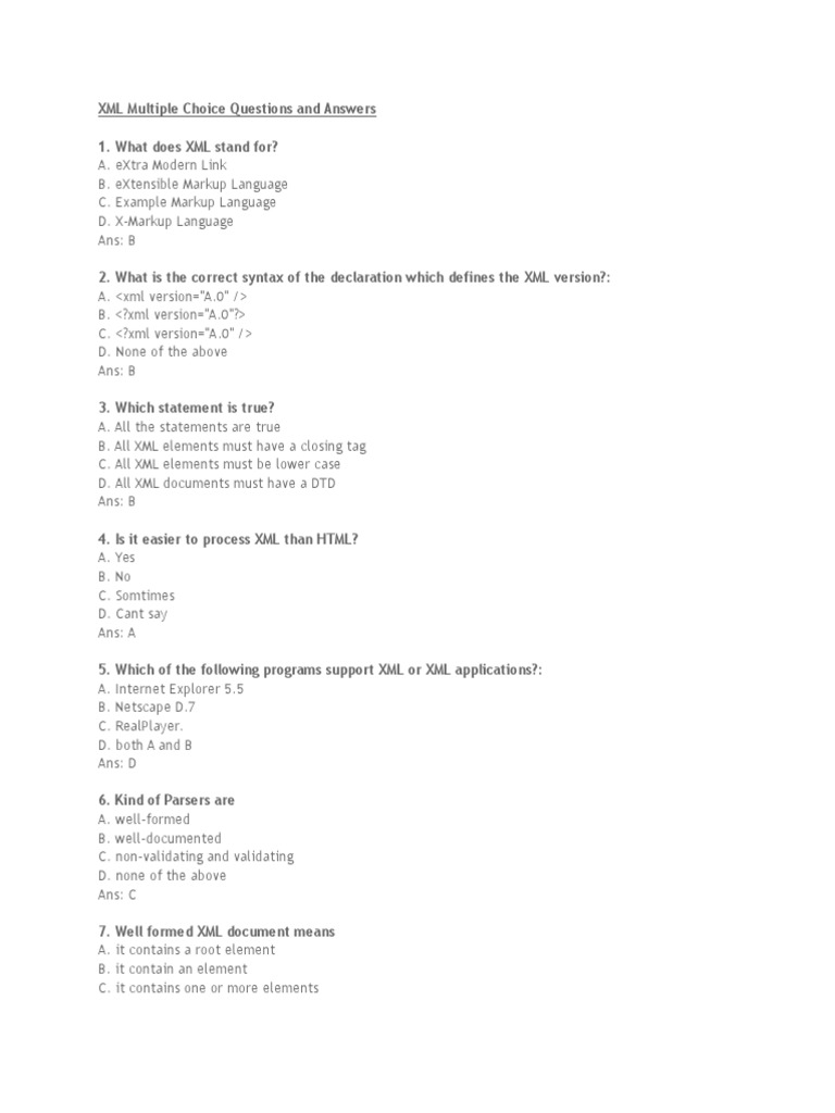 XML Multiple Choice Questions and Answers | PDF | Xslt | Xml
