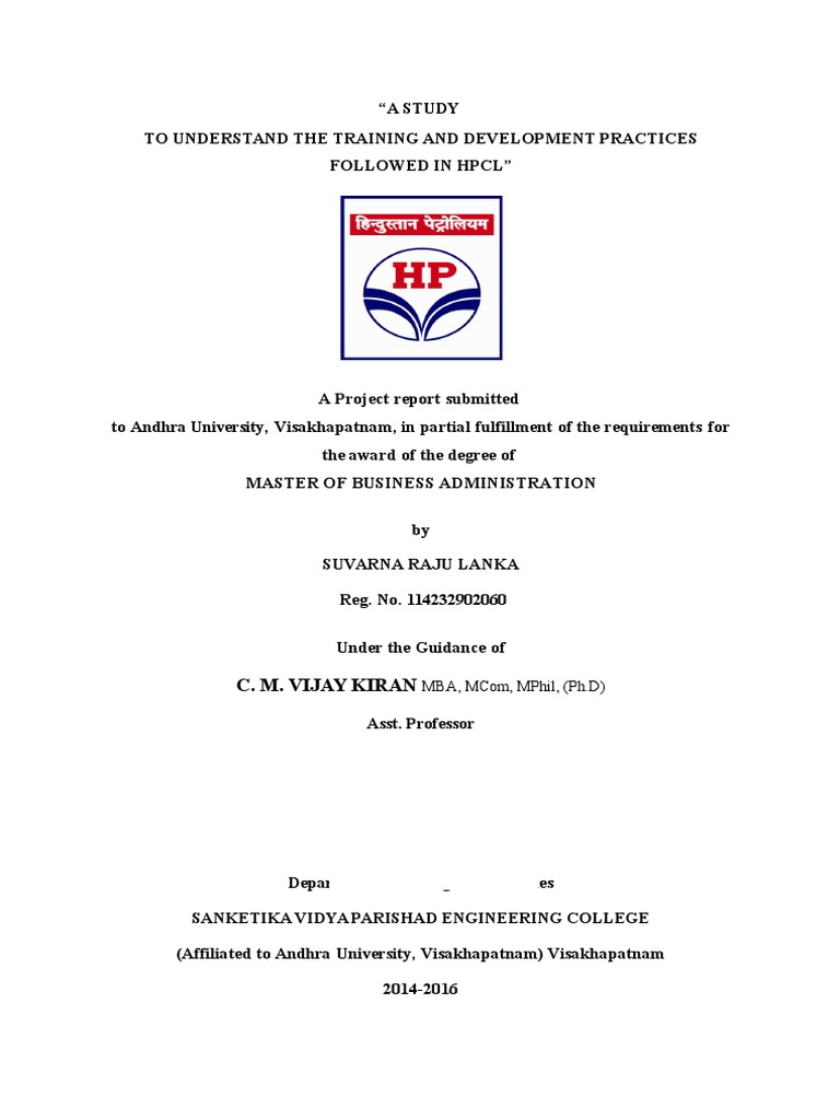 Project Report On Training and Development Practices Followed in HPCL | PDF | Academic Degree ...