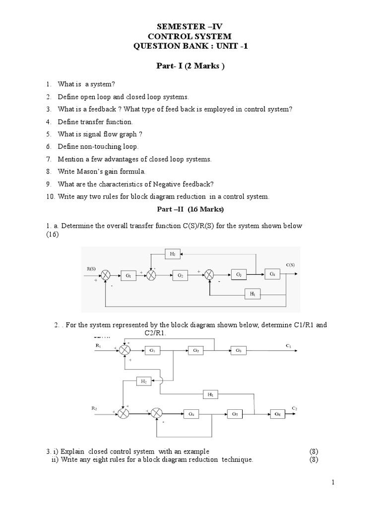 Semester - Iv Control System Question Bank: Unit - 1 Part-I (2 Marks) | PDF