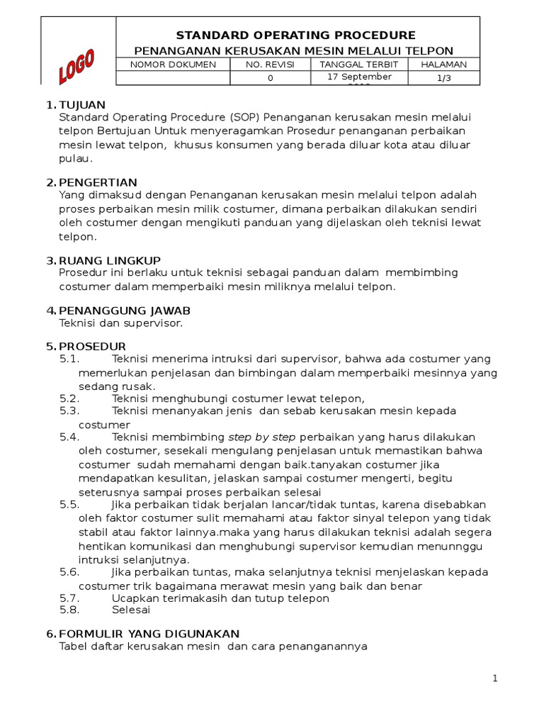 Sop Penanganan Kerusakan Mesin Melalui Telpon | PDF