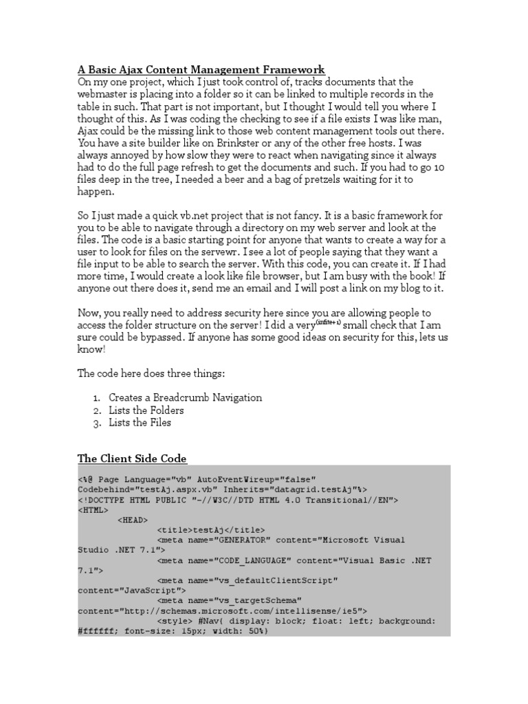 A Basic Ajax Content Management Framework | PDF | Directory (Computing) | Ajax (Programming)