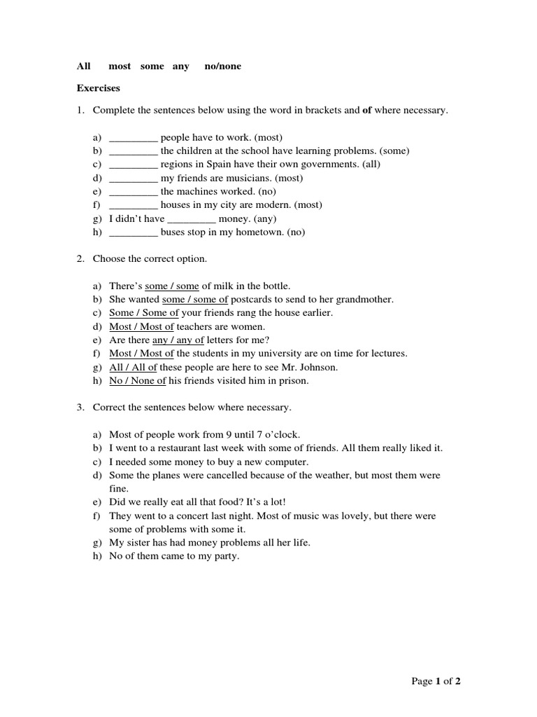 Quantifiers and Determiners: An Exercise in Using 'Most', 'Some', 'Any ...