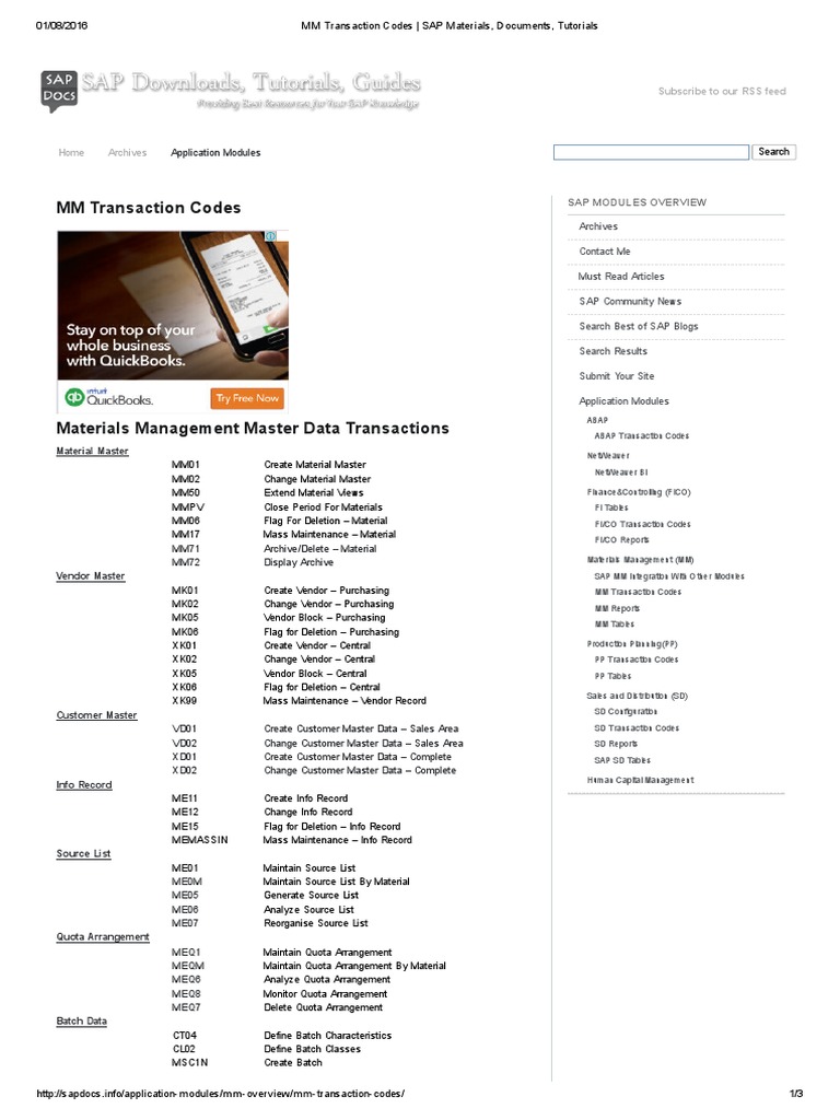 MM Transaction Codes - SAP Materials, Documents, Tutorials | PDF ...