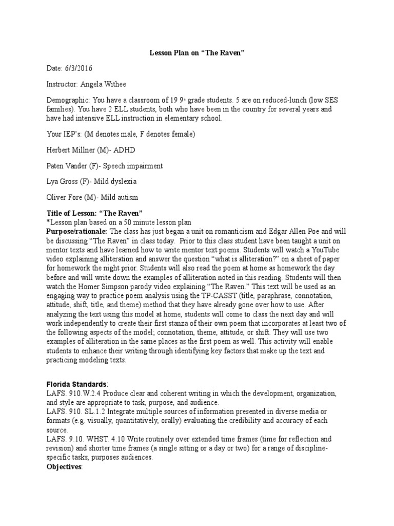 The Raven Lesson Plan | PDF | The Raven | Homework