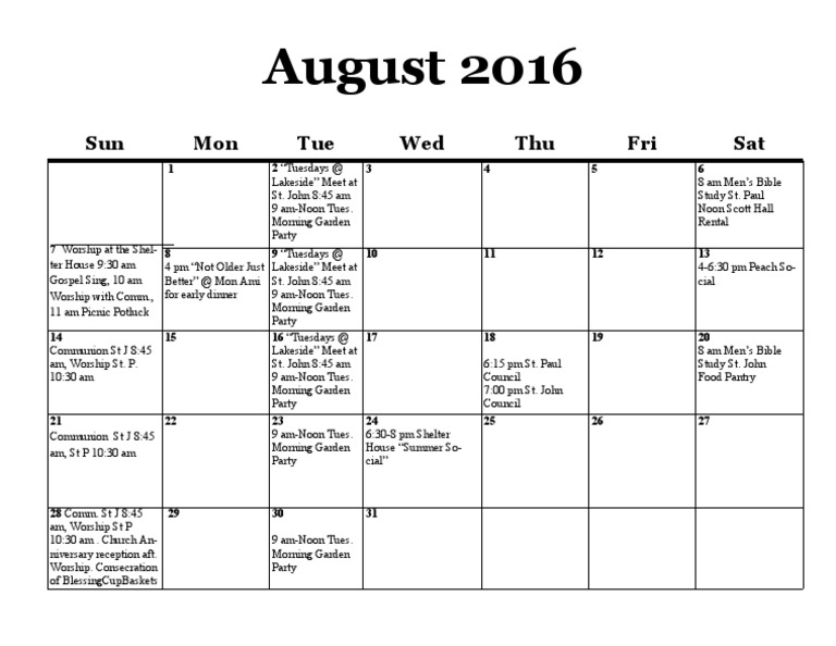 Calendar, August 2016 | PDF
