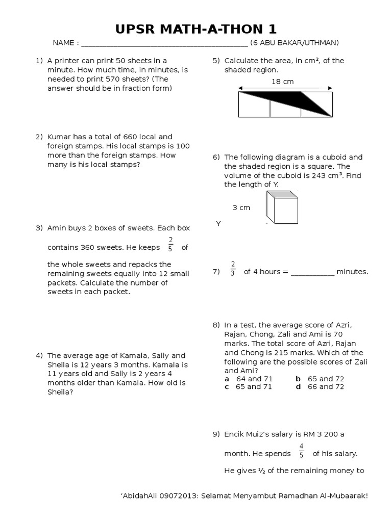 Upsr Math-A-Thon 1: A 64 and 71 B 65 and 72 C 65 and 71 D 66 and 72 | PDF