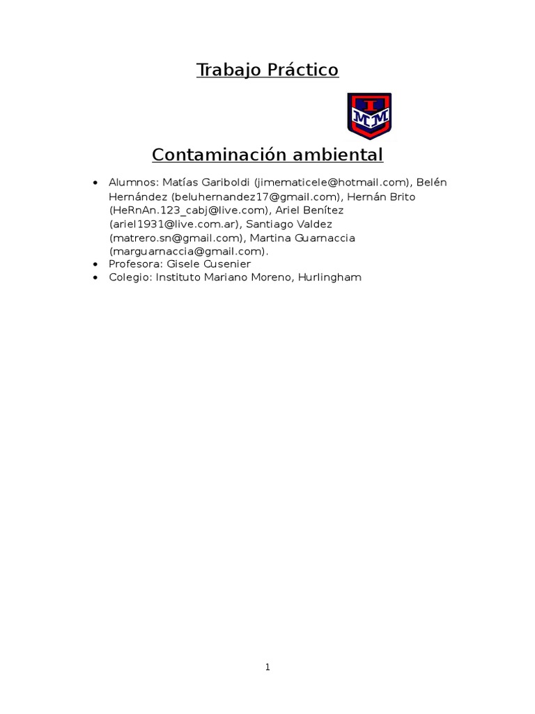 Trabajo Práctico Contaminación Ambiental | PDF | La contaminación del ...