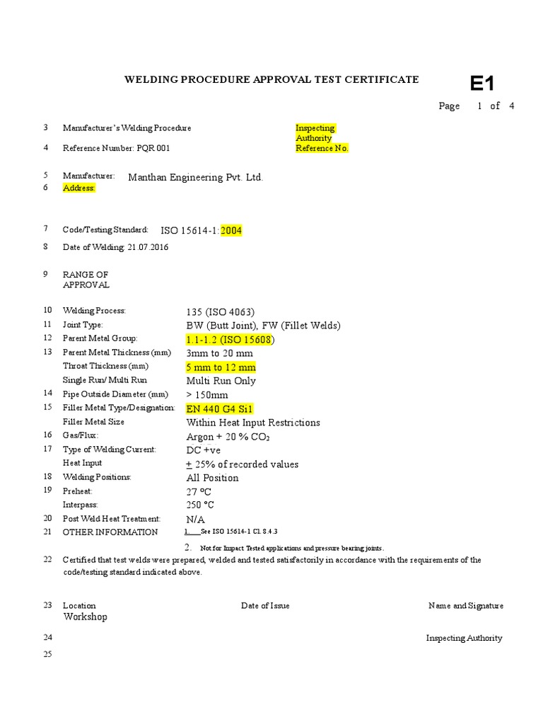 Welding Procedure Approval Test Certificate | PDF | Welding | Construction
