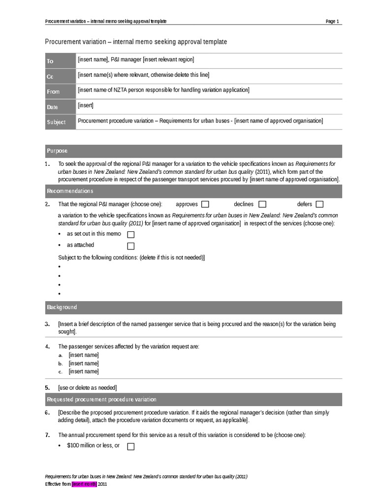 Internal Memo Seeking Approval Doc Format Template | Procurement | Bus