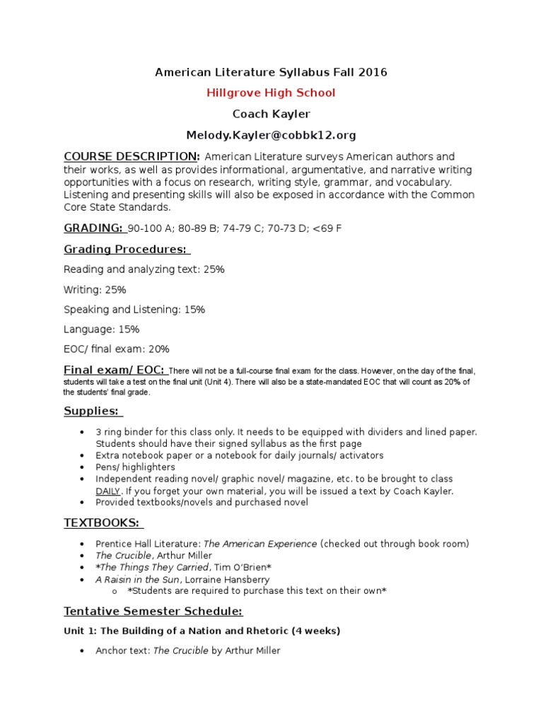 American Literature Syllabus Fall 2016 - Final | PDF | Test (Assessment ...