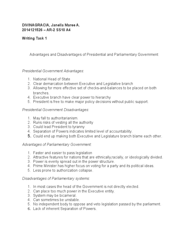 Comparing the Advantages and Disadvantages of Presidential and ...