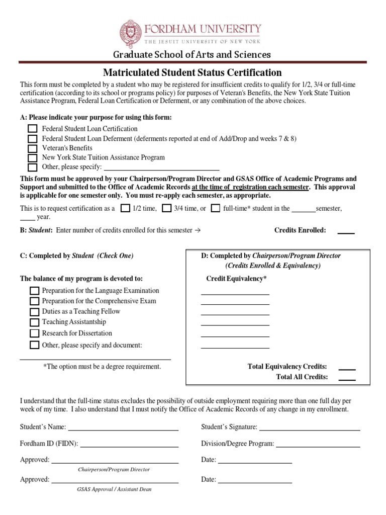 Matriculated Student Status Certification Form | PDF | Student Loan ...
