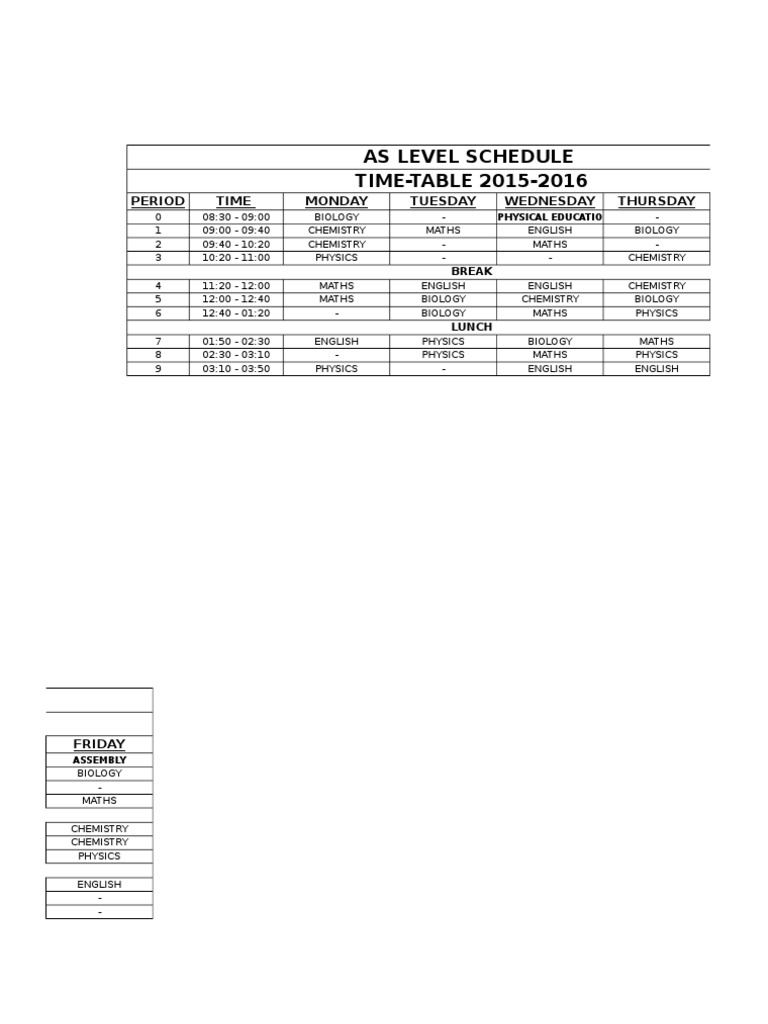 As Level Schedule TIME-TABLE 2015-2016: Period Time Monday Tuesday ...
