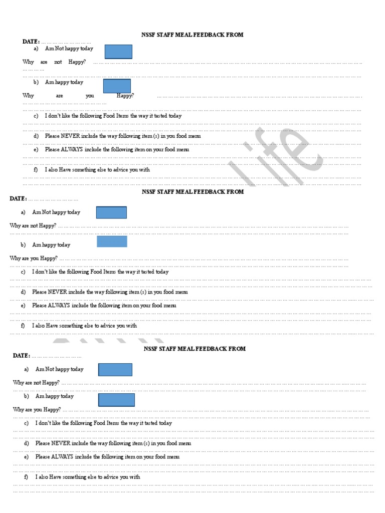 NSSF Staff Meal Feedback From DATE | PDF