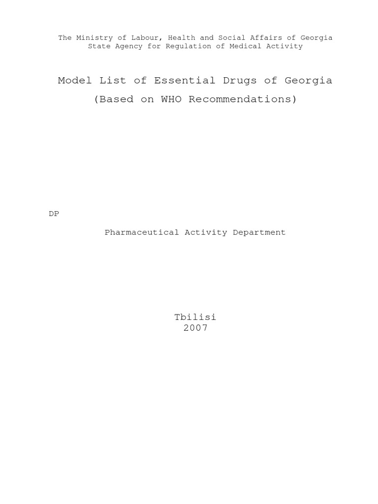 Model List of Essential Drugs of Georgia (Based On WHO Recommendations ...