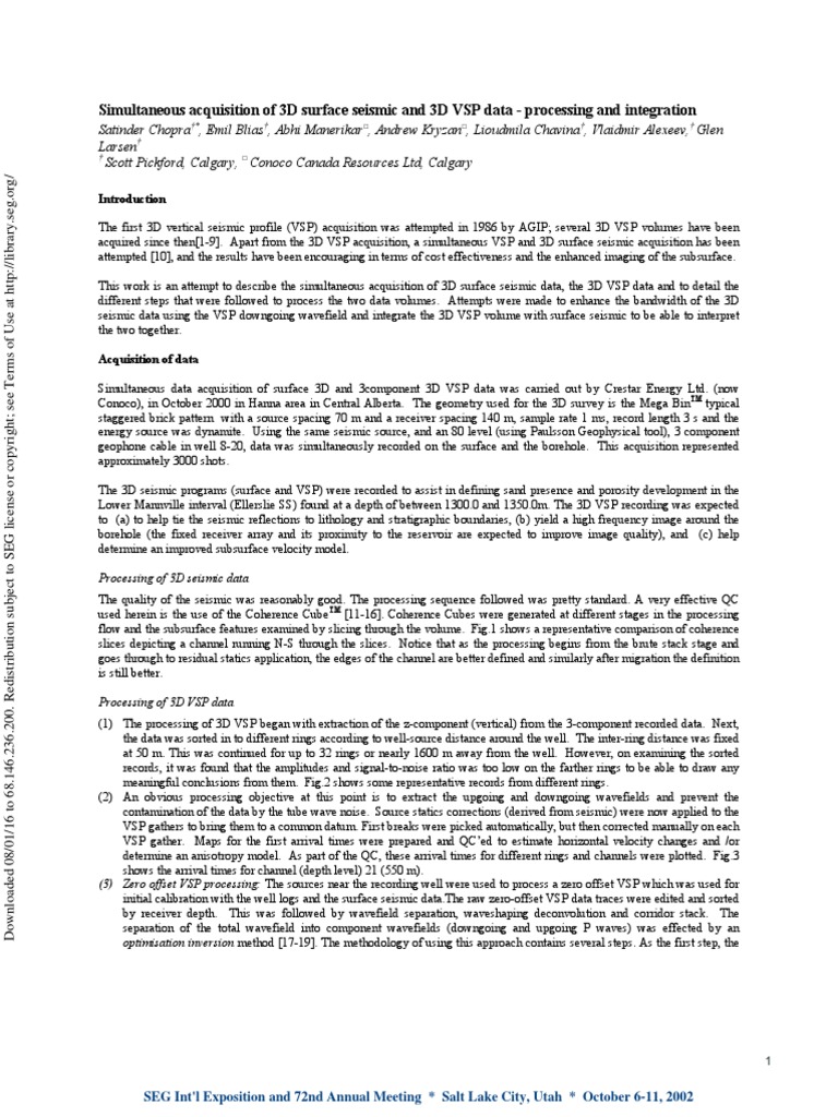 Simultaneous Acquisition of 3D Surface Seismic and 3D VSP Data - Processing and Integration | PDF