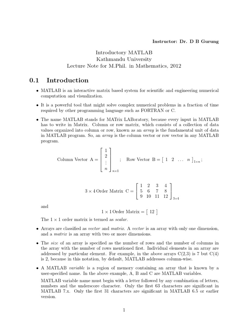 An Introduction to MATLAB: Matrices, Vectors, Functions and Operations | PDF | Trigonometric ...
