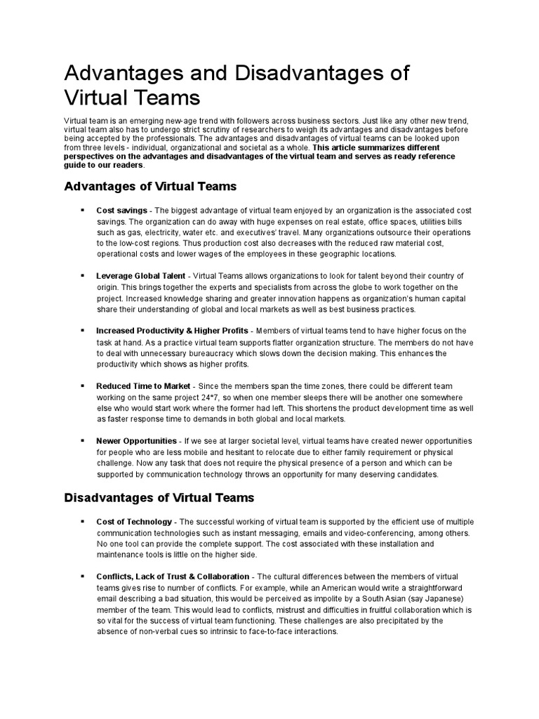 Advantages and Disadvantages of Virtual Teams | PDF | Outsourcing ...