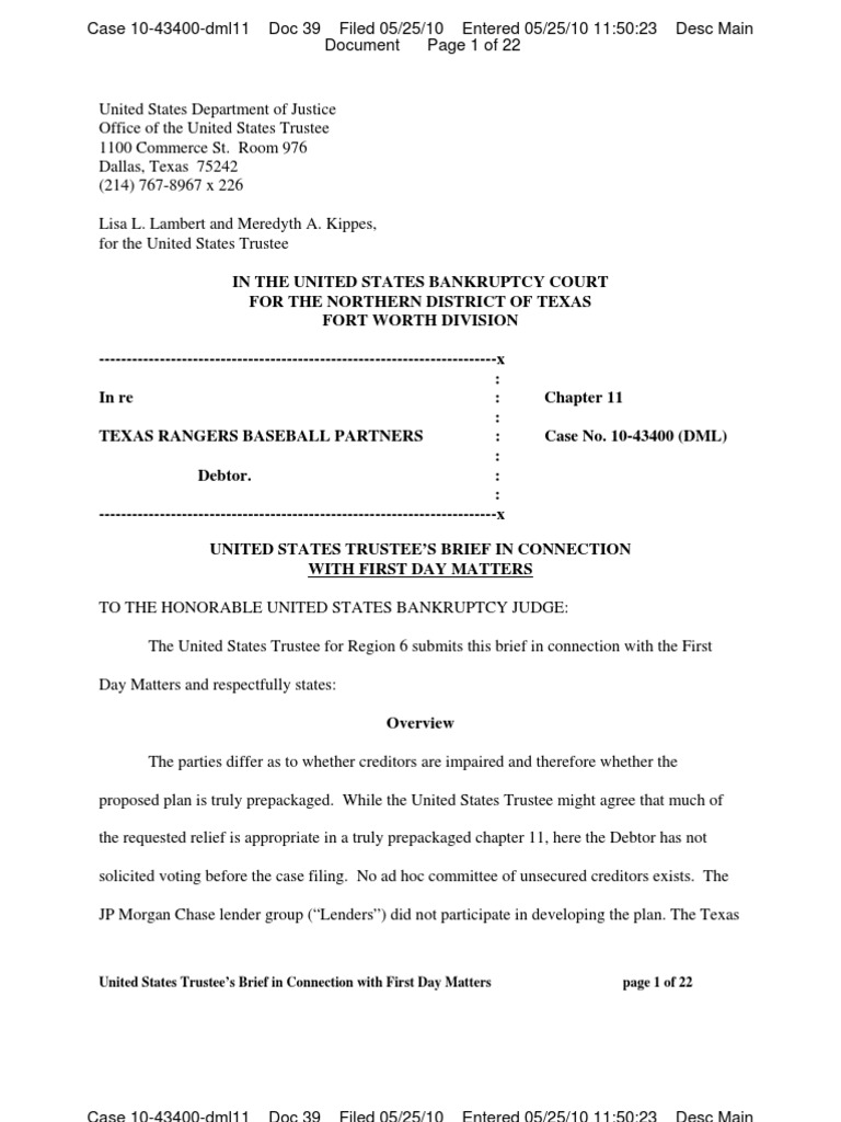 US Trustee Filing in Rangers Chapter 11 | Bankruptcy | Bankruptcy In ...