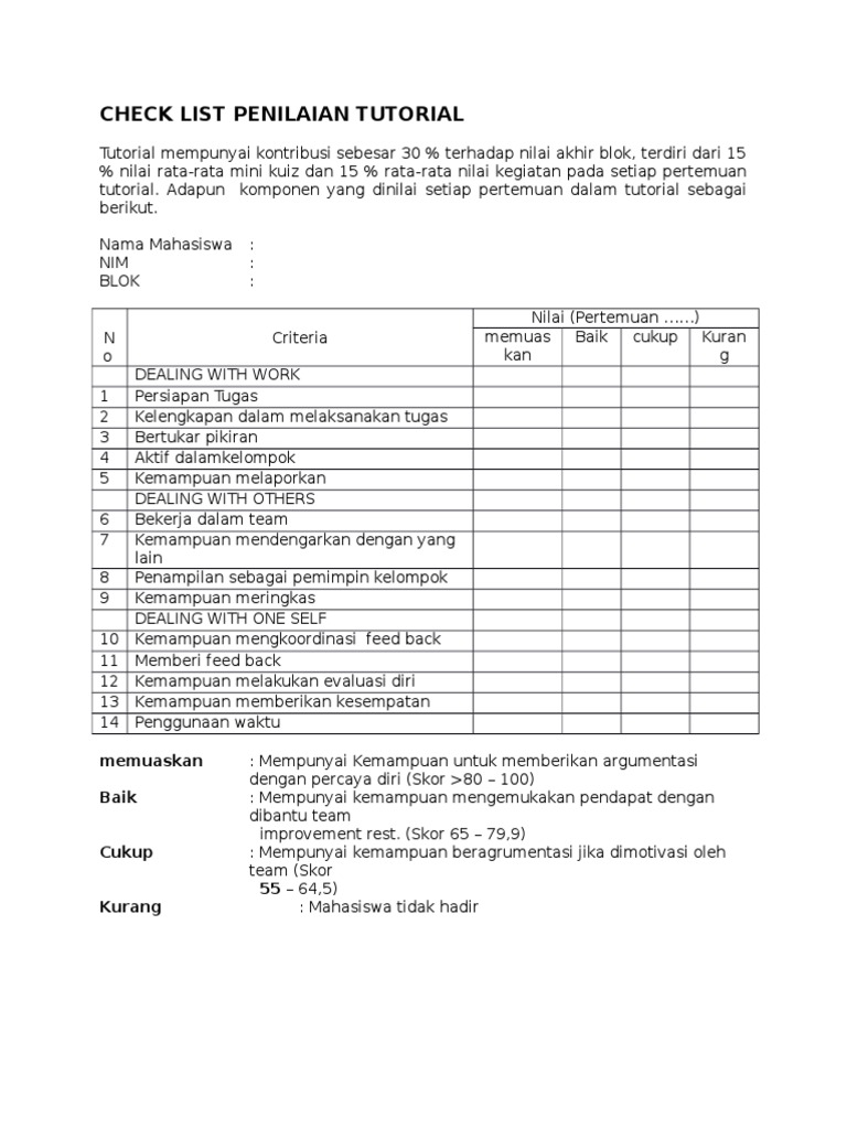Check List Penilaian Tutorial | PDF