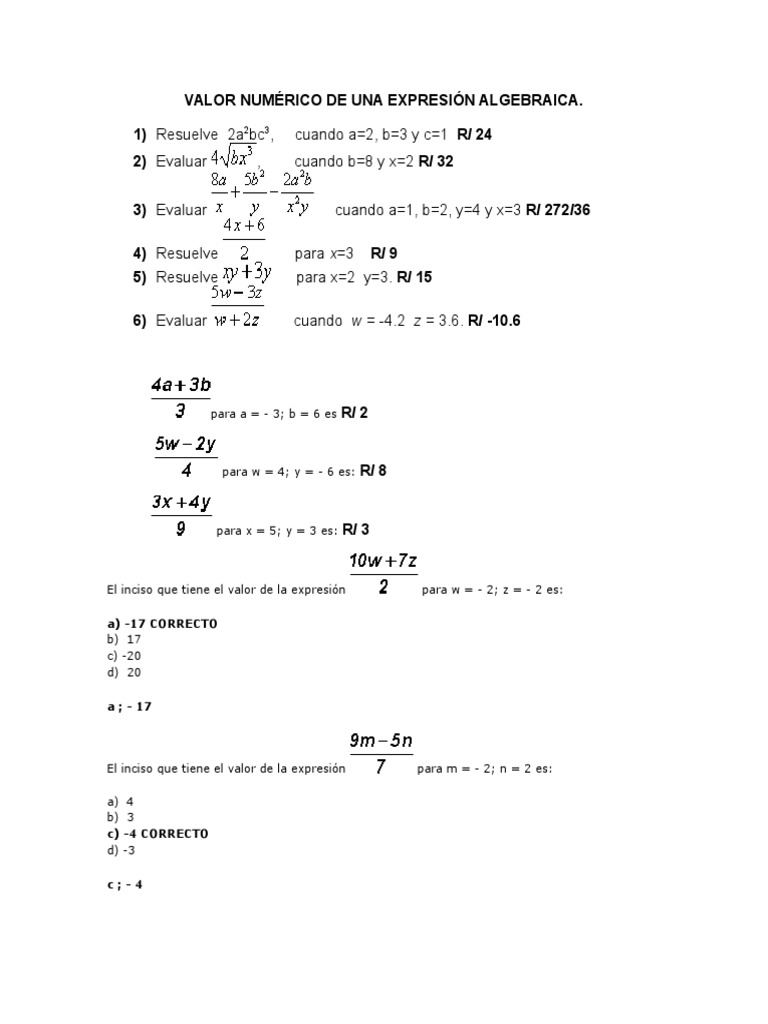 Valor Numérico de Una Expresión Algebraica | PDF