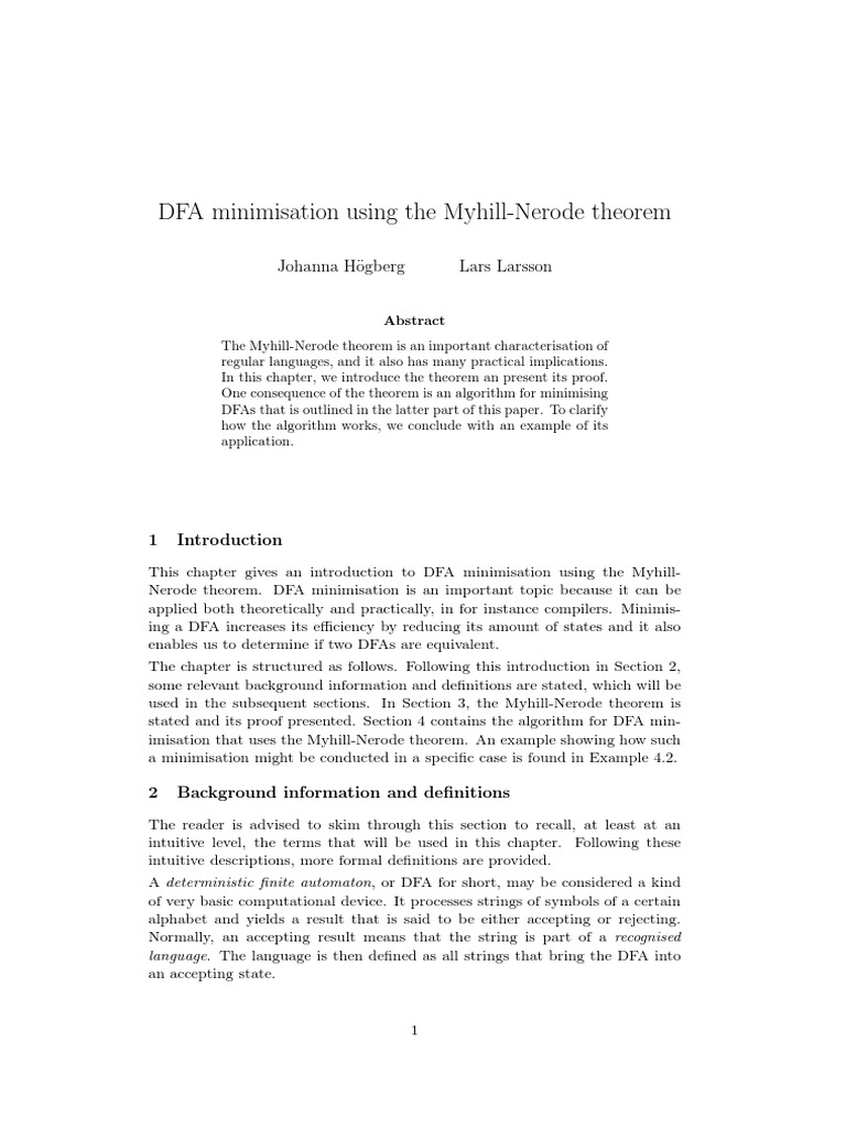 Dfa Minimisation Using The Myhill Nerode Theorem Pdf Logic Theoretical Computer Science