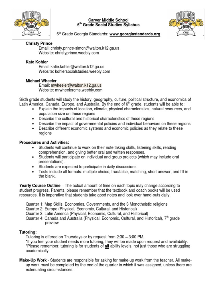 6th Grade Social Studies Syllabus | PDF | Behavior Modification | Cognition