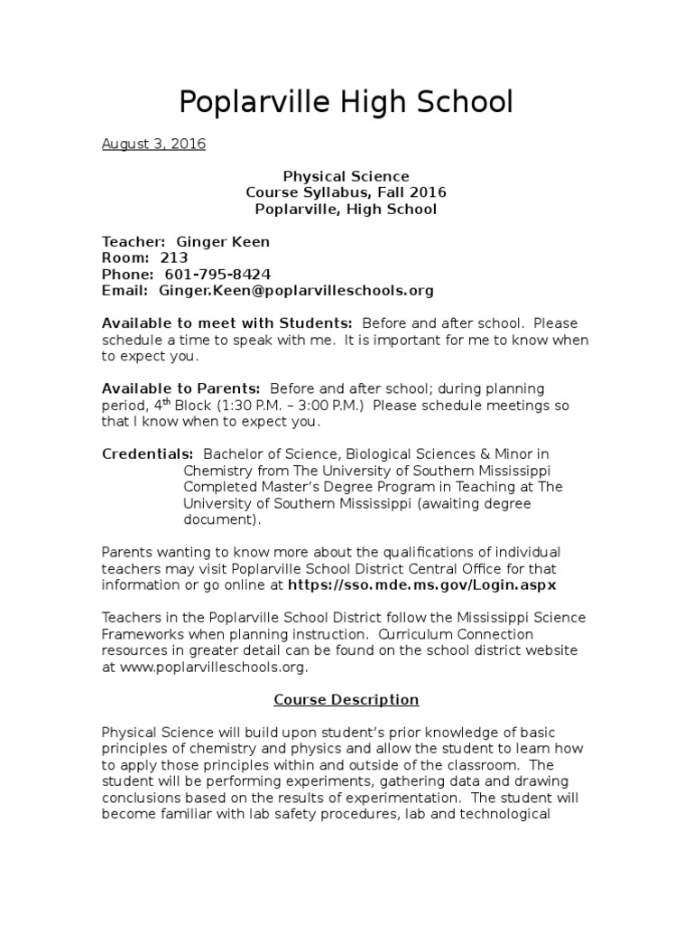 Physical Science Syllabus | PDF | Homework | Teachers