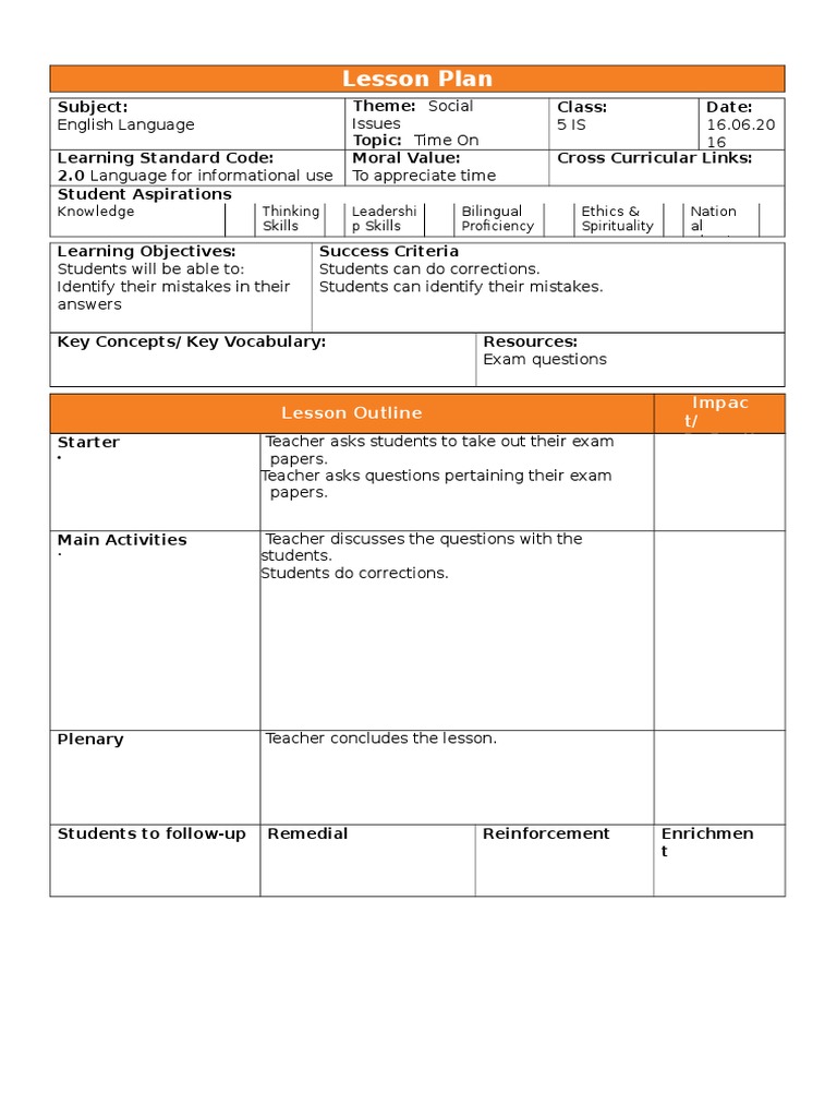 Lesson Outline for English Class | PDF
