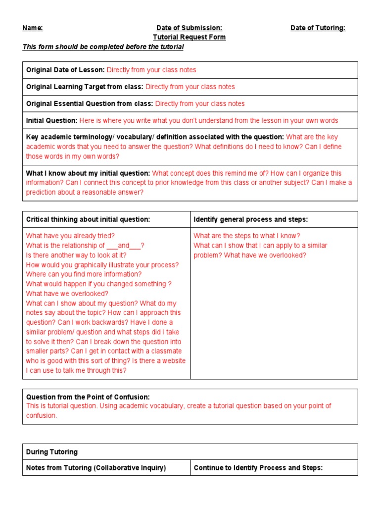 This Form Should Be Completed Before The Tutorial | PDF | Question ...