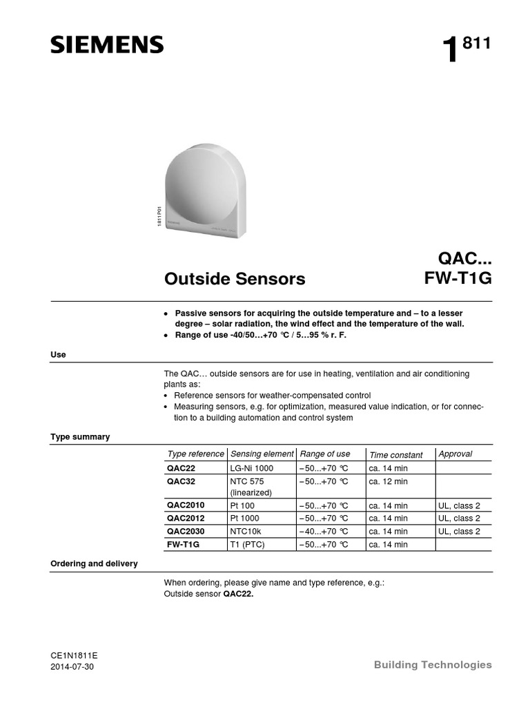 Osjetnik Vanjske Temperature QAC22 | PDF | Sensor | Hvac