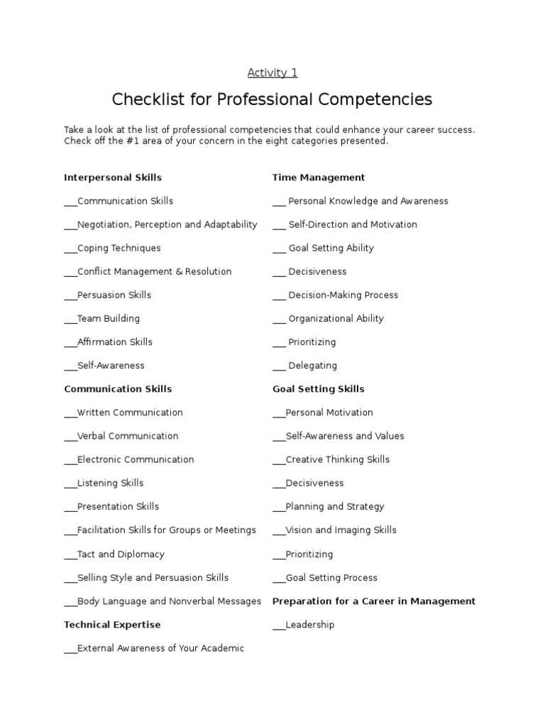 Checklist For Professional Competencies: Activity 1 | PDF