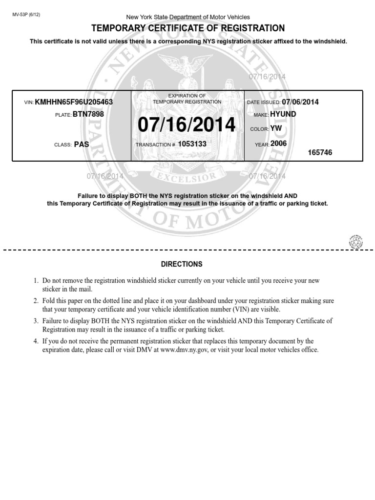 Details of a Temporary Vehicle Registration Certificate Issued by the ...