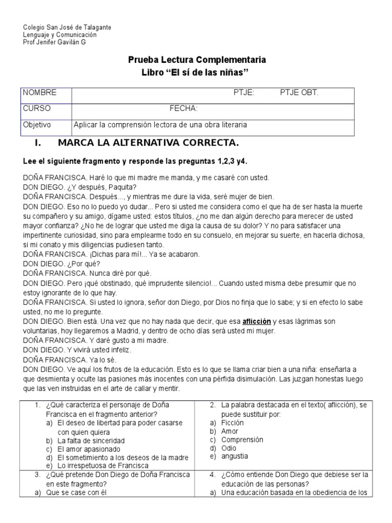 Prueba Lectura Complementaria El Si de Las Niñas | PDF | Matrimonio | Science