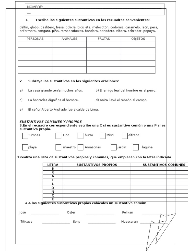 Ejercicios de Sustantivos para Niños | PDF