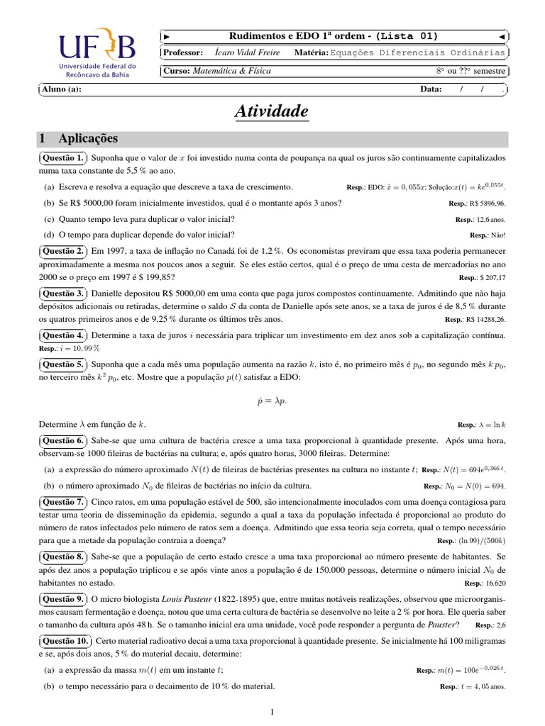 Aplicações, Homogêneas, Bernoulli, Ricati - Lista 02 PDF | PDF