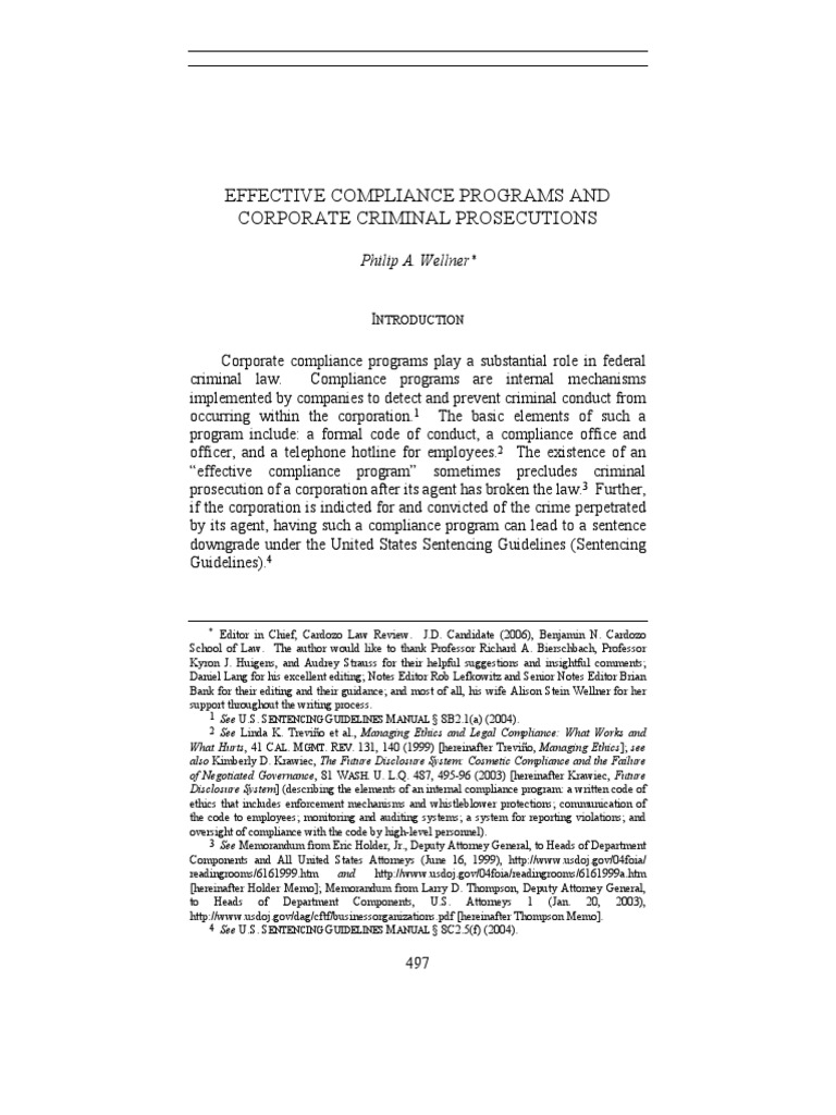 Effective Compliance Programs and Corporate Criminal Prosecutions | PDF ...