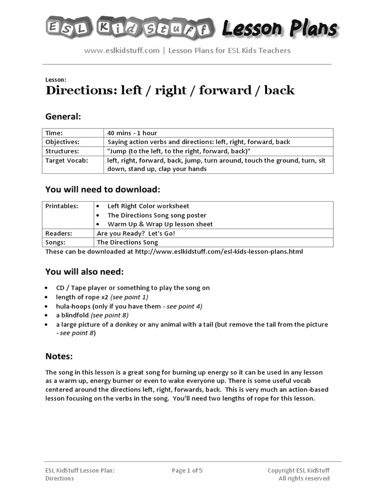 Directions Lesson Plan PDF | PDF | Lesson Plan | English As A Second Or ...