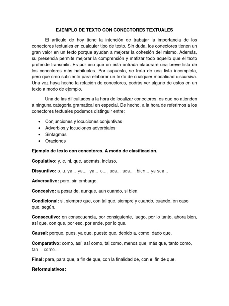 Ejemplo de Texto Con Conectores Textuales | PDF | Adverbio | Lingüística