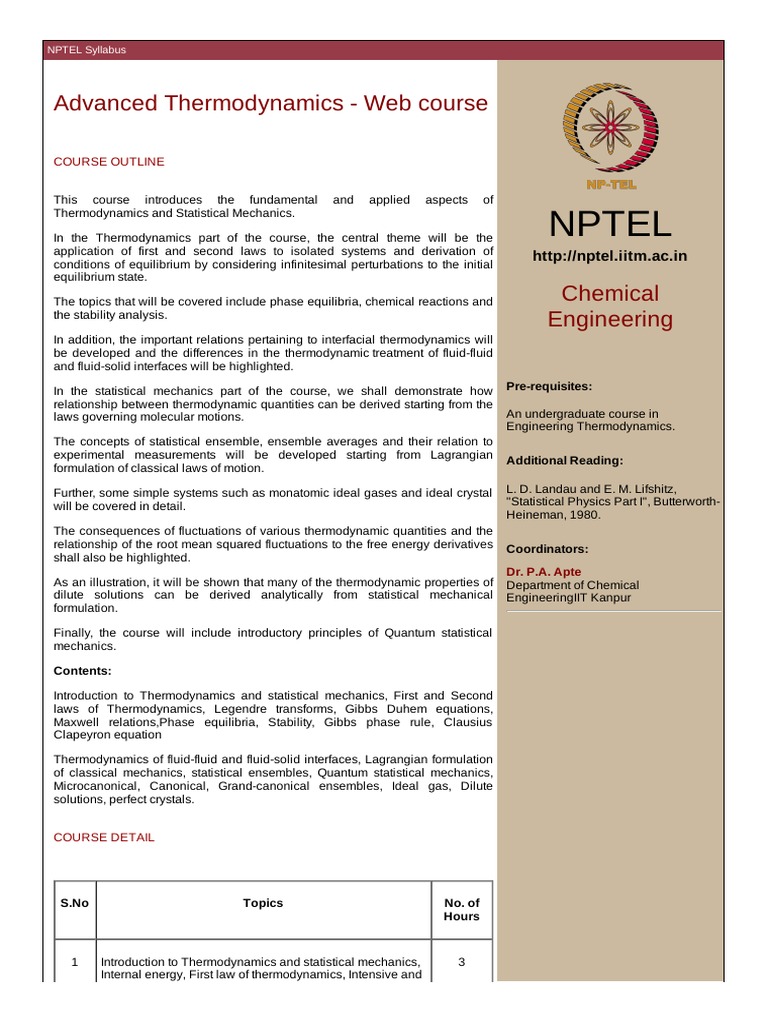 Nptel: Advanced Thermodynamics - Web Course | PDF | Thermodynamics | Statistical Mechanics