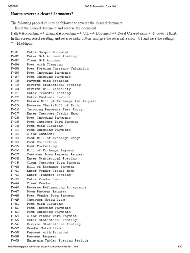 SAP FI Transaction Code List 1 | PDF | Cheque | Payments