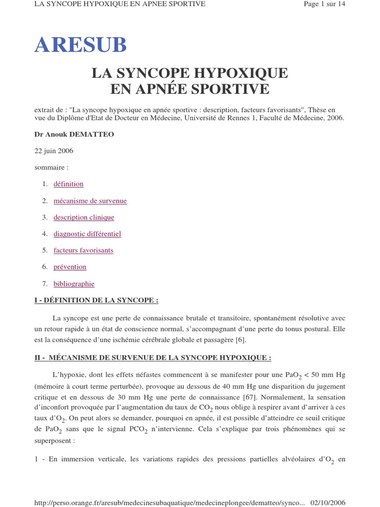 La Syncope Hypoxique en Apnée Sportive | PDF | Plongée en scaphandre ...
