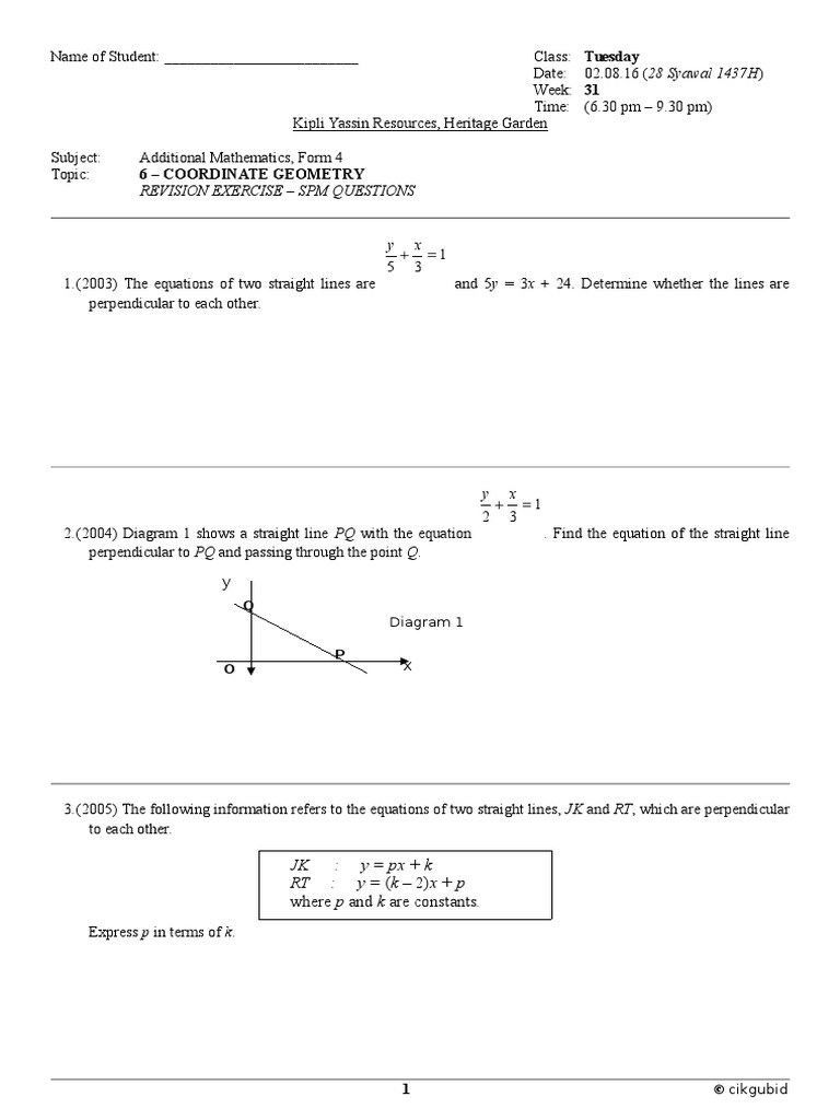 W31 Coordinate Geometry SPM Questions | PDF | Line (Geometry ...
