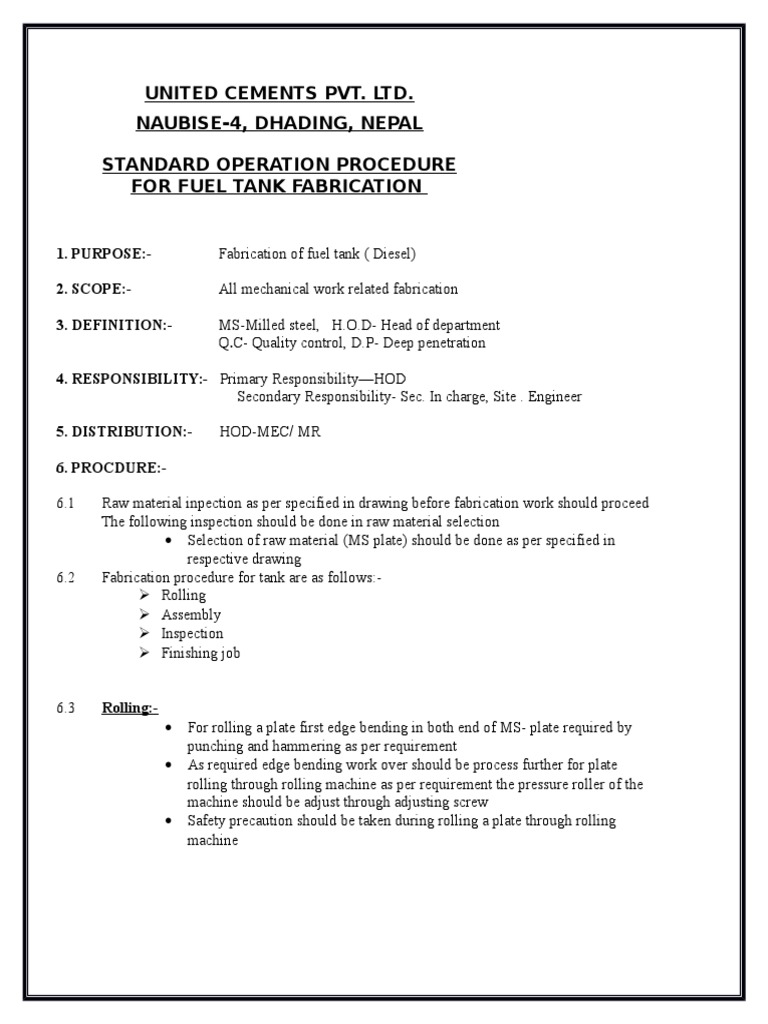 Sop For Fabrication of Fuel Tank | PDF | Metal Fabrication | Structural ...