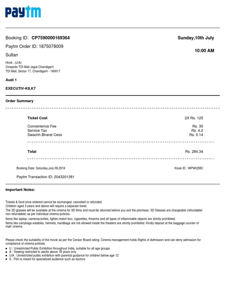 Paytm Movie Ticket Layout | PDF