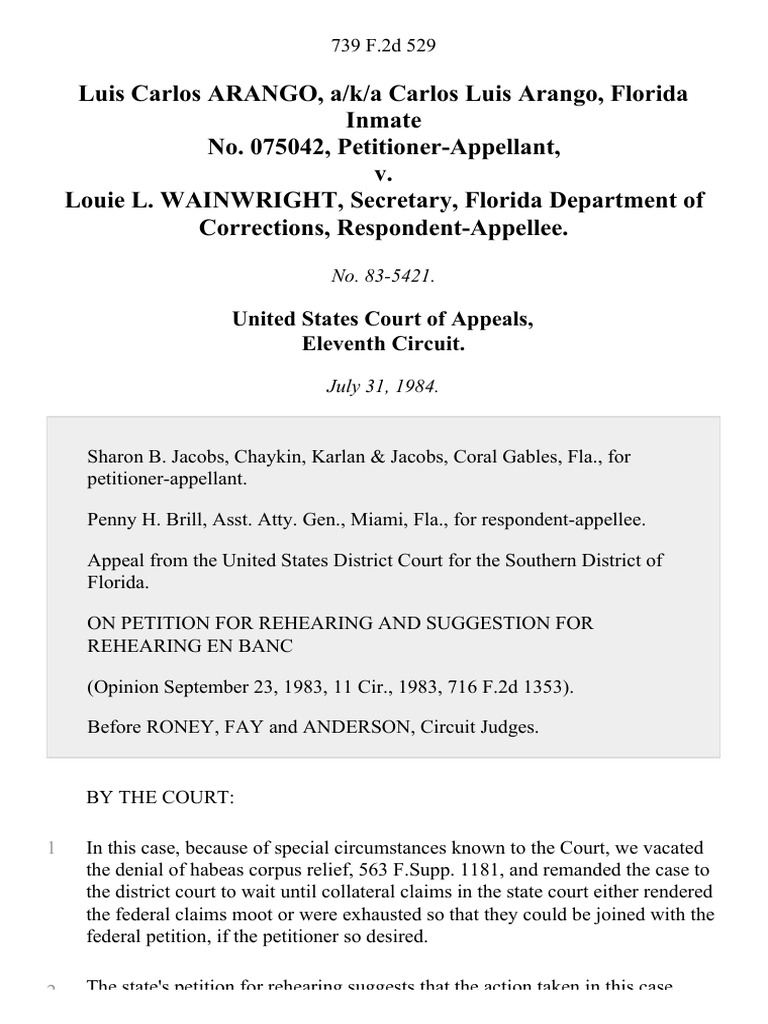 Luis Carlos Arango, A/K/A Carlos Luis Arango, Florida Inmate No. 075042 ...