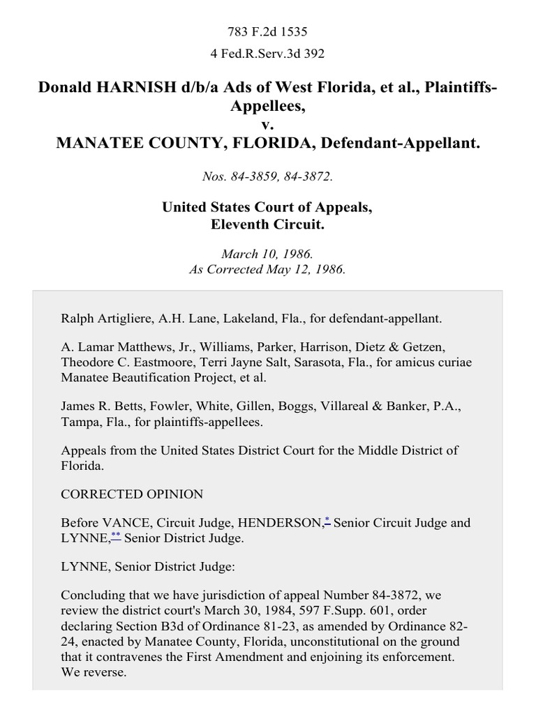 Donald Harnish D/B/A Ads of West Florida v. Manatee County, Florida ...