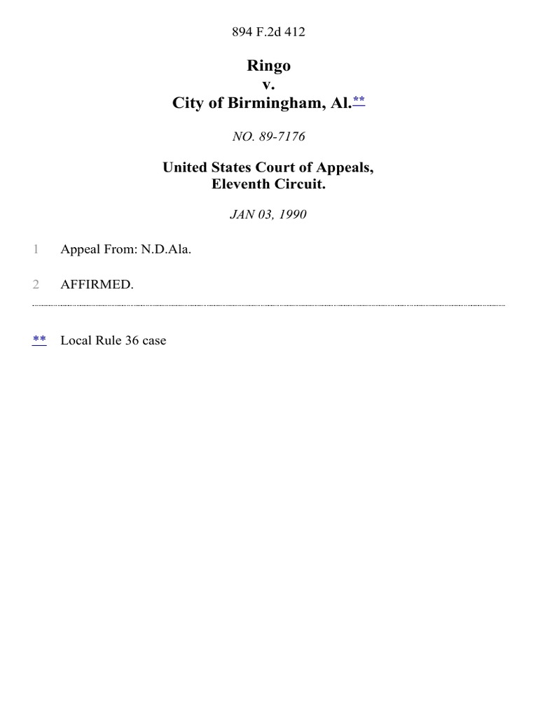 Ringo v. City of Birmingham, Al., 894 F.2d 412, 11th Cir. (1990) | PDF