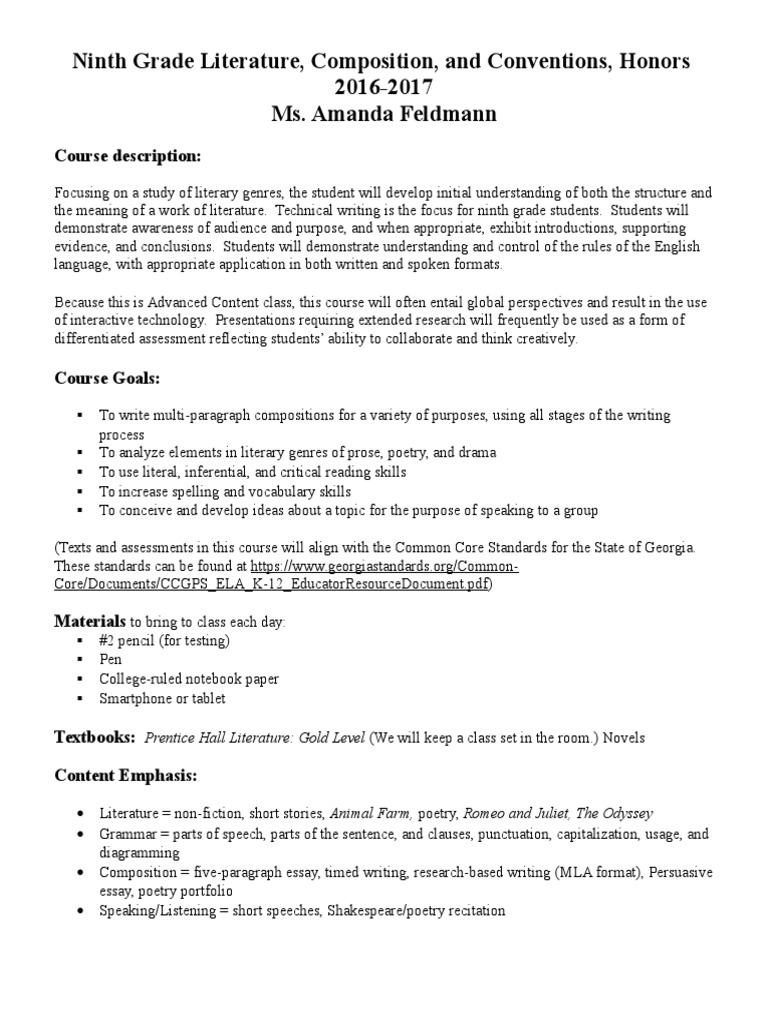 Ninth Grade Literature, Composition, and Conventions, Honors 2016-2017 ...