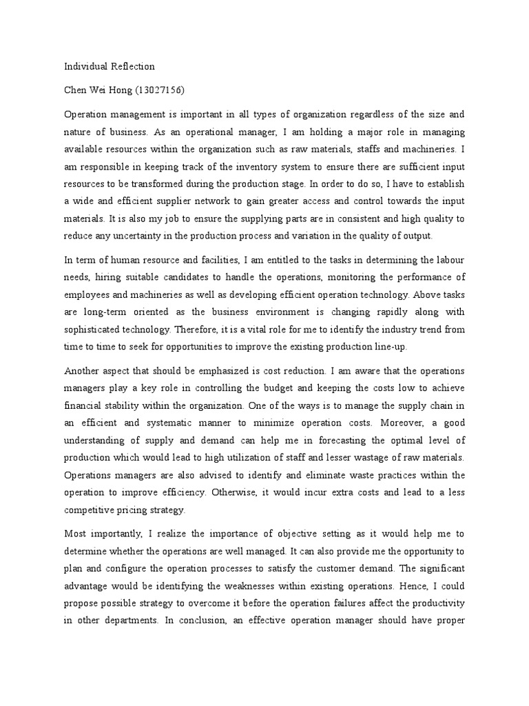 Individual Reflection on Operations Management Role | PDF | Operations ...
